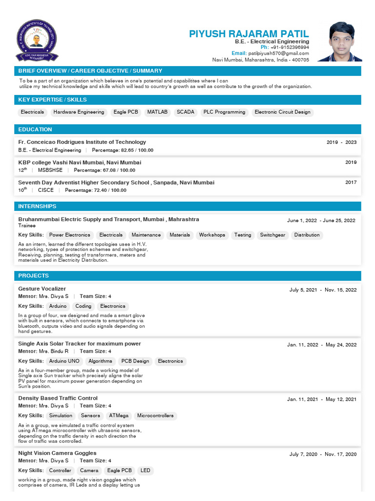 Piyush Rajaram Patil - 4019135 Resume | PDF | Electrical Engineering | Computer Engineering