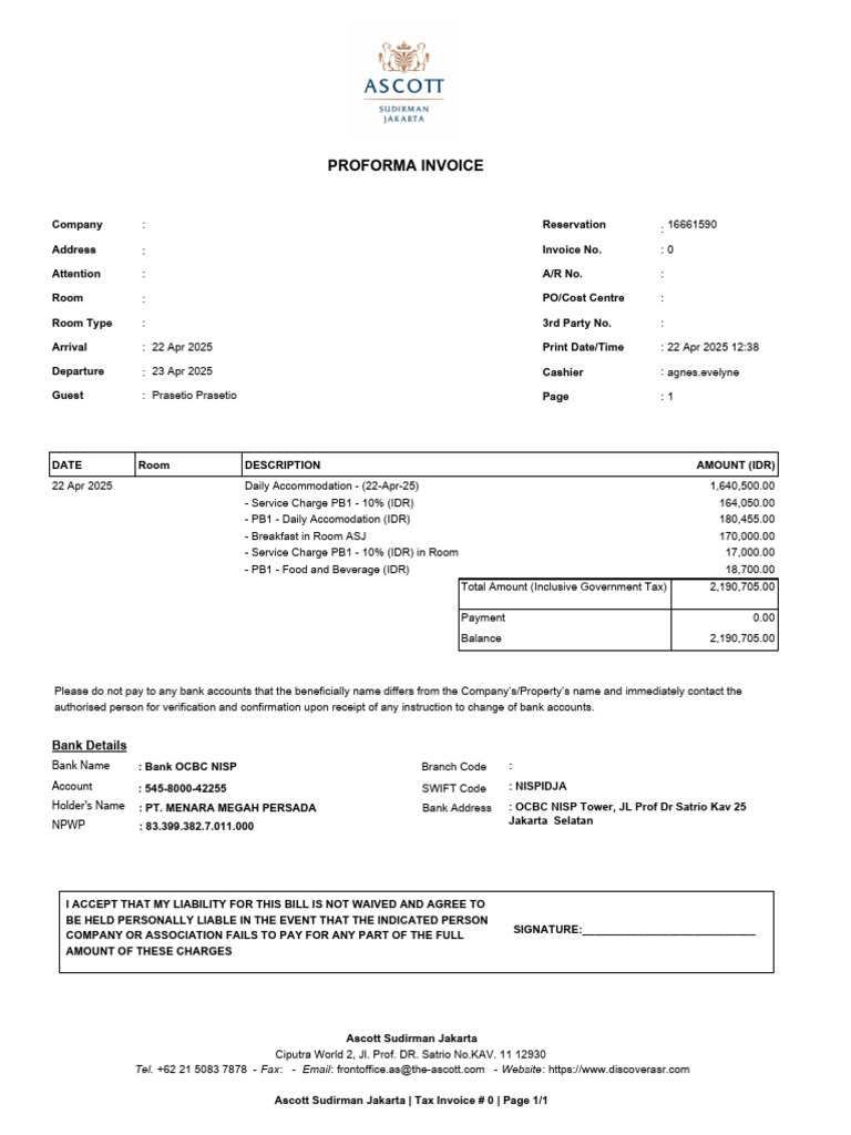 Proforma Invoice Mr. Prasetio 1 Bedroom Twin-1 | PDF | Payments | Money