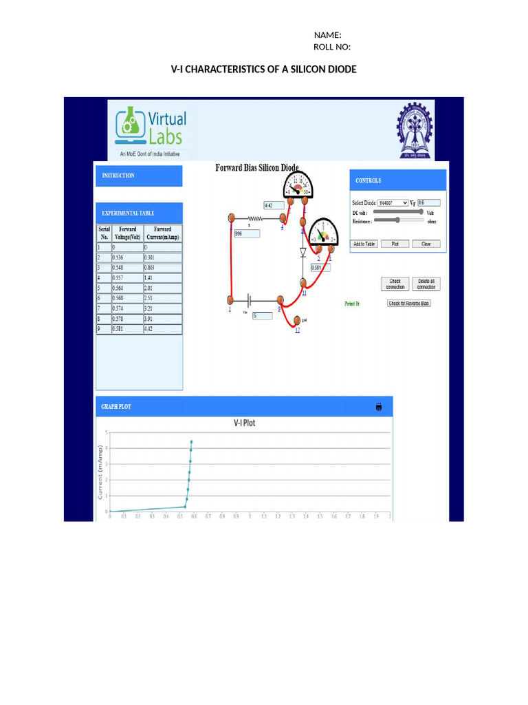 V-I Characteristics of A Silicon Diode: Name: Roll No | PDF