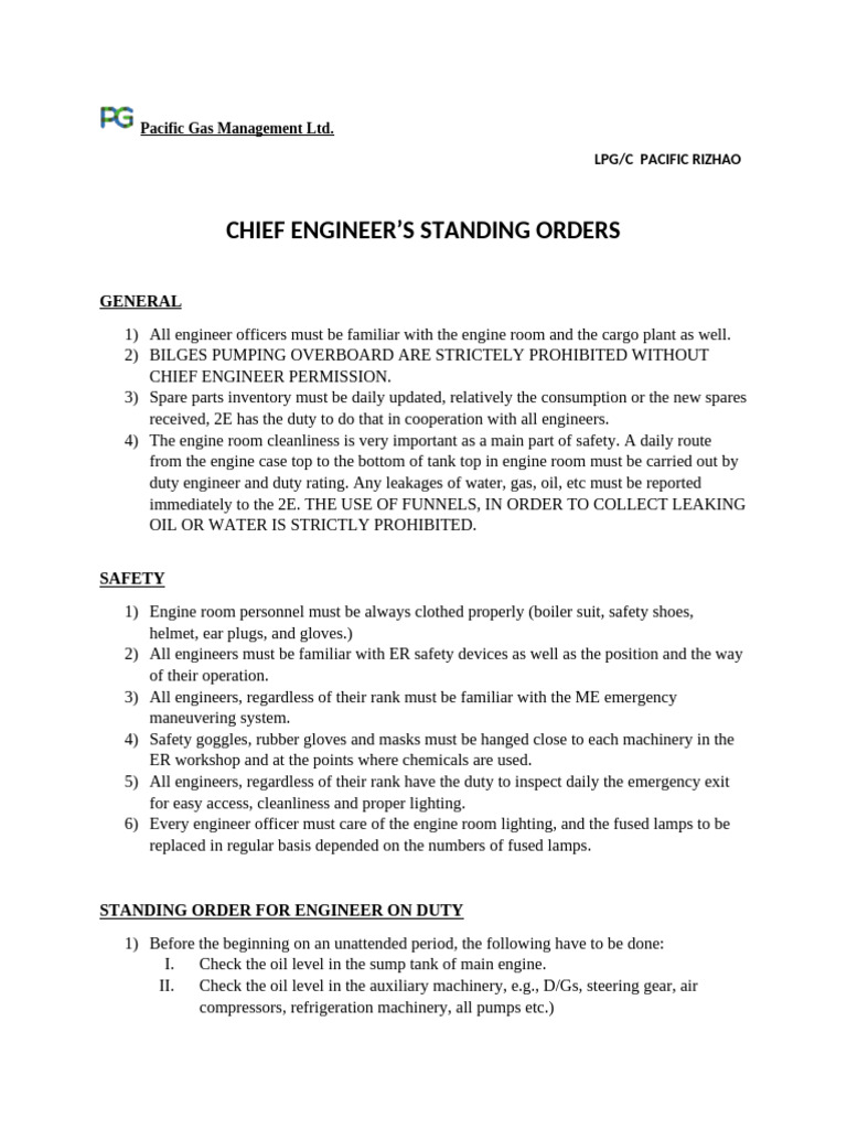 Chief Engineer standing orders | PDF | Electricity | Manufactured Goods