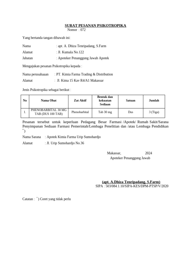 FORMAT SURAT PESANAN PSIKOTROPIKA | PDF