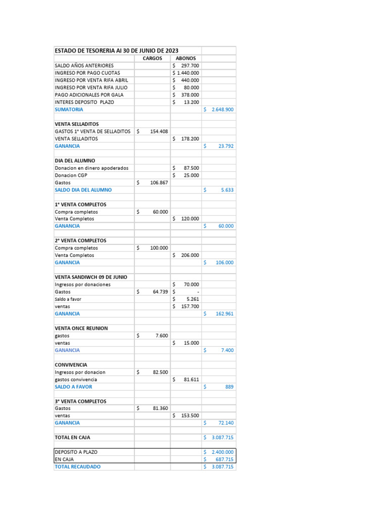 Informes Tesoreria Al 30 de Junio de 2023 | PDF