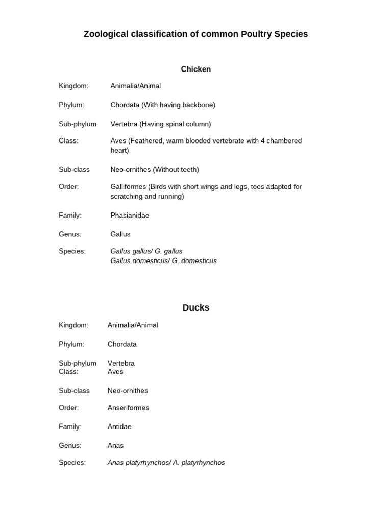 Zoological Classification of Common Poultry Species | PDF