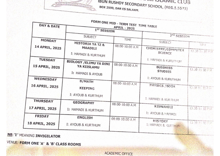 Form One Time Table Mid-Term | PDF
