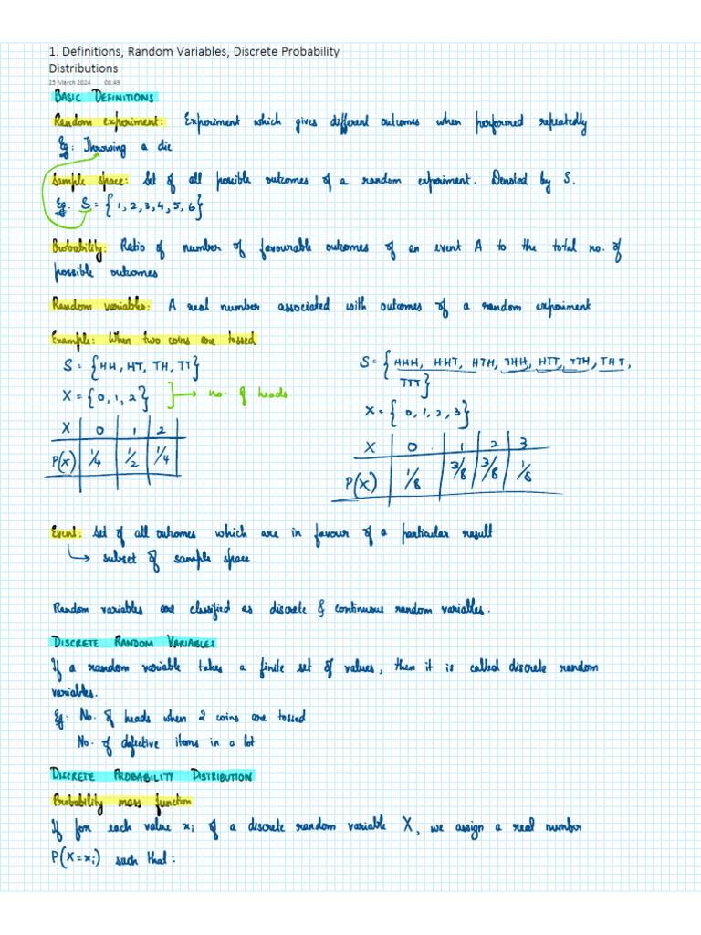 1. Definitions, Random Variables, Discrete Probability Distributions | PDF
