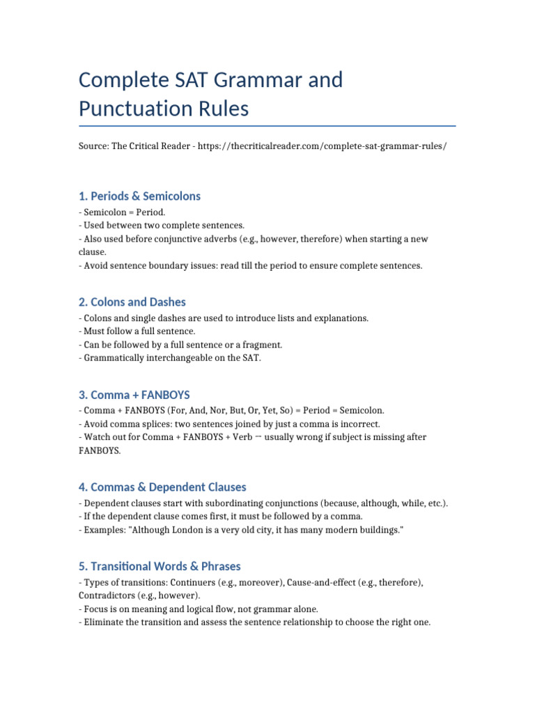 SAT Grammar Rules Cheat Sheet | PDF