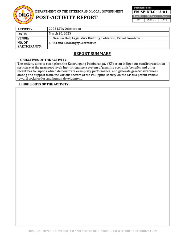 1 FM-SP-DILG-12-01-Post-Activity-Report 2025 LTIA Orientation | PDF ...