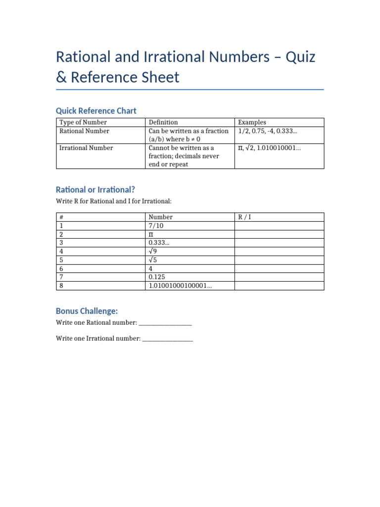 Rational and Irrational Numbers Quiz | PDF