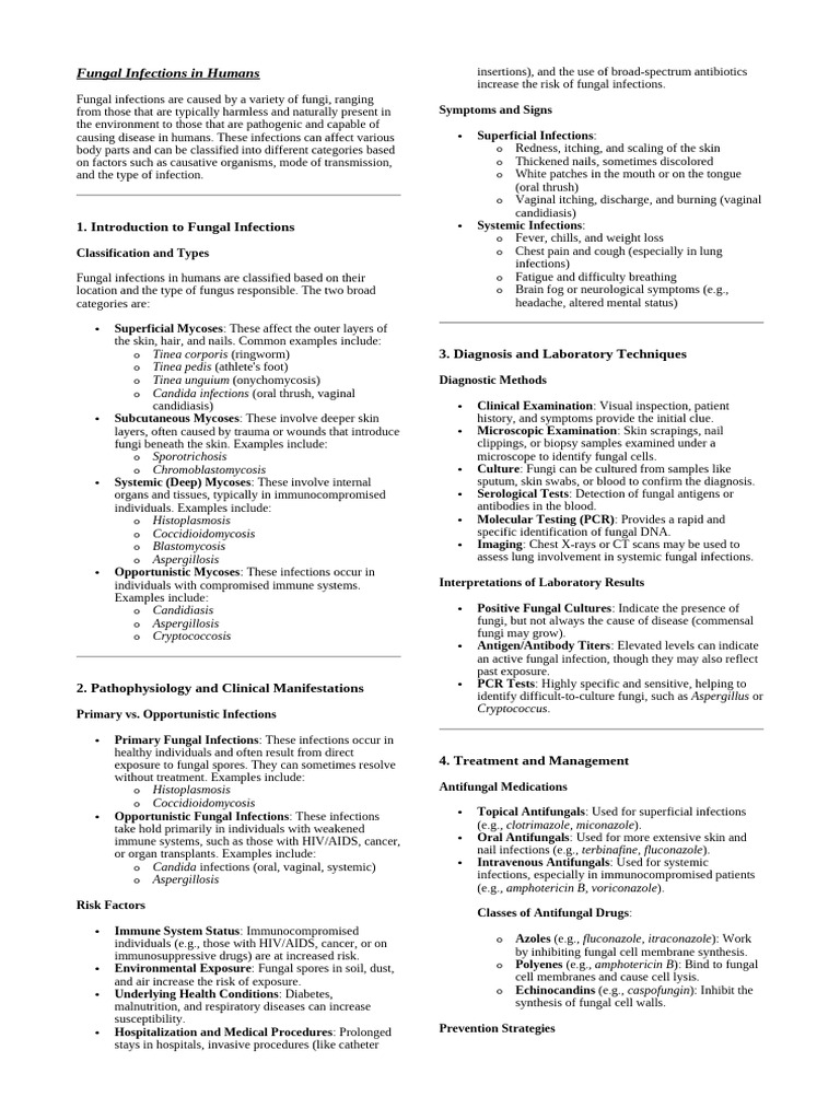 Fungal Infections in Humans Notes | PDF | Candidiasis | Infection
