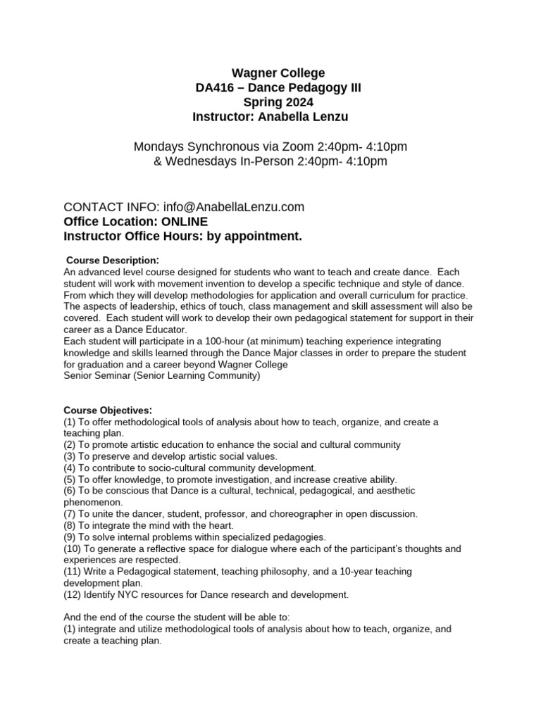 Syllabus Dance Pedagogy III Wagner College | PDF | Pedagogy | Creativity