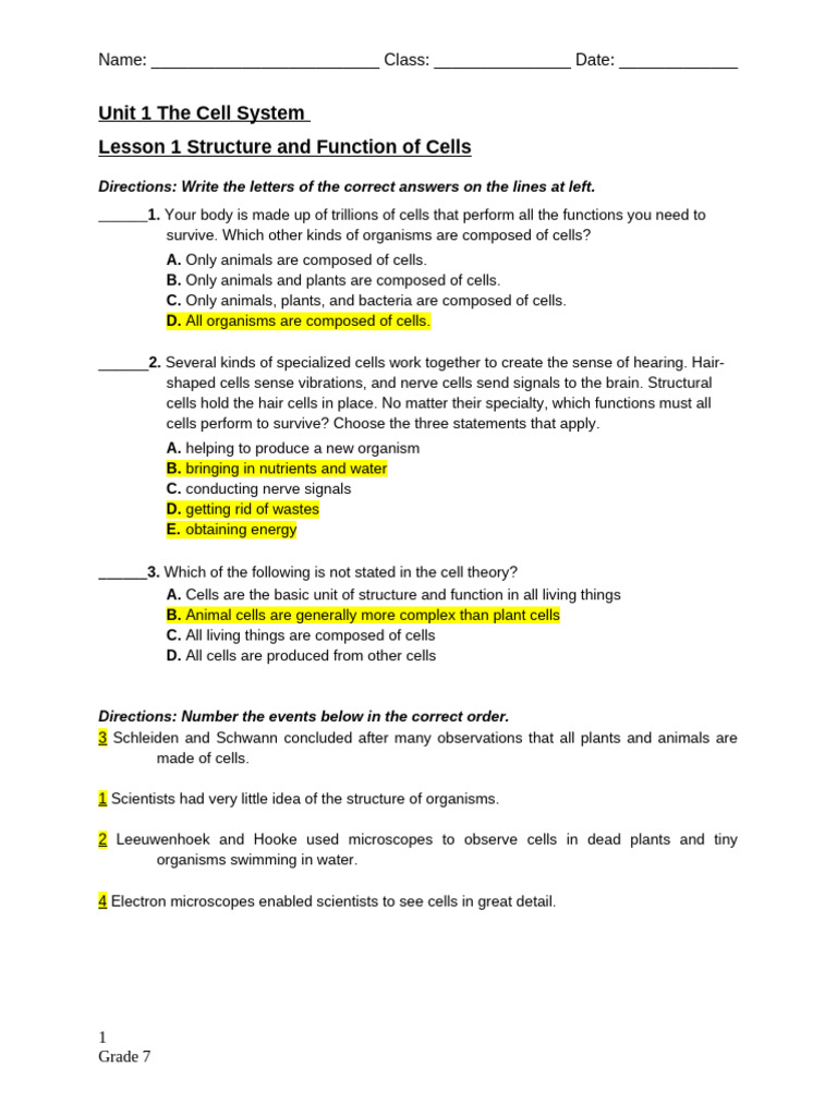 Unit 1 Lesson 1 Worksheets MA | PDF | Microscope | Cell (Biology)