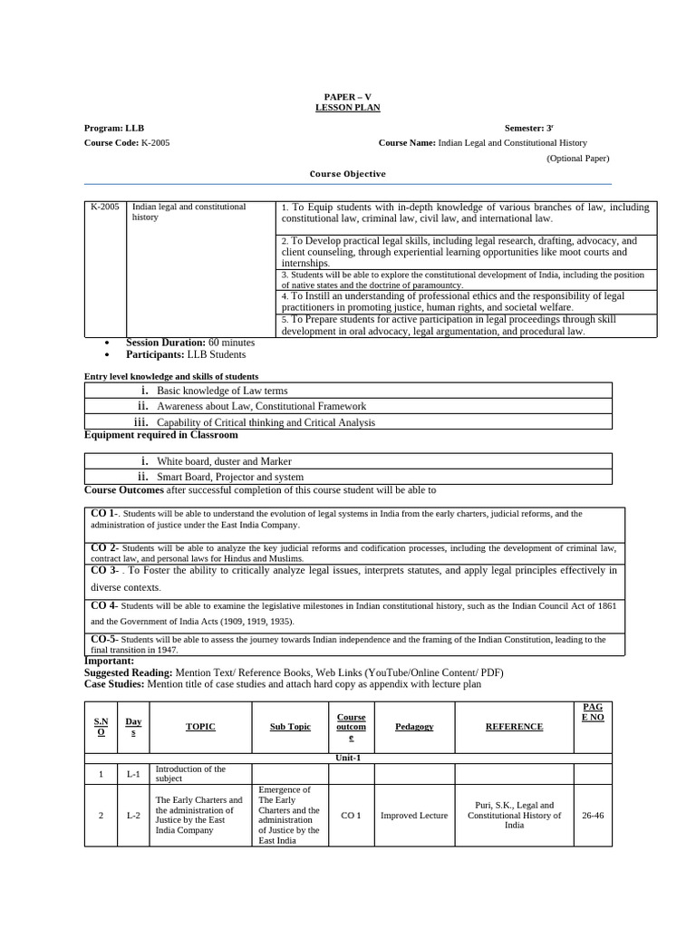 Indian Legal History Lesson Plan | PDF | Justice | Crime & Violence