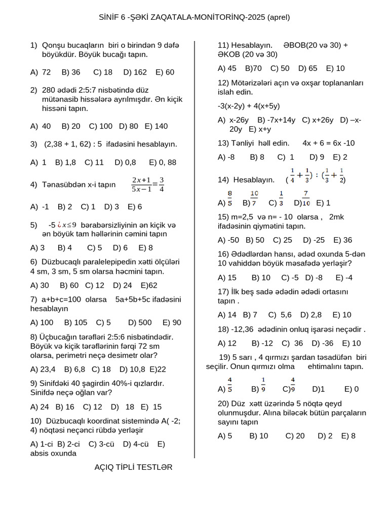 6-Cı Sinif Riyaziyyat (Aprel) | PDF