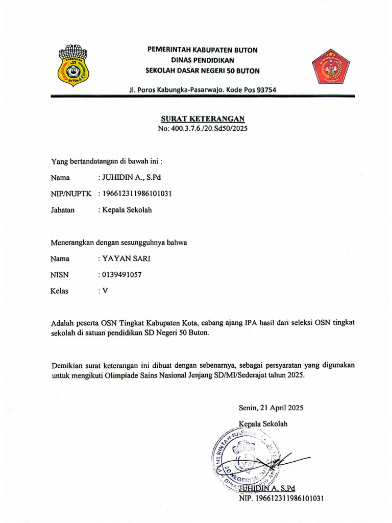 SURAT KETERANGAN KEPSEK_YAYAN SARI | PDF