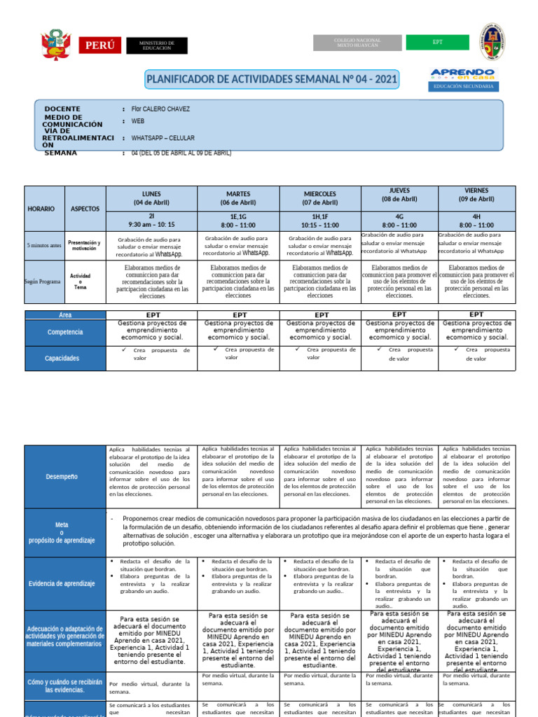Planificador Ept Semana 4 Primer Bimestre | PDF | Iniciativa empresarial | Aprendizaje