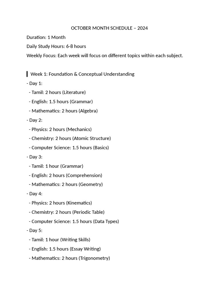 October 2024 Study Schedule Guide | PDF | Mathematics | Physics