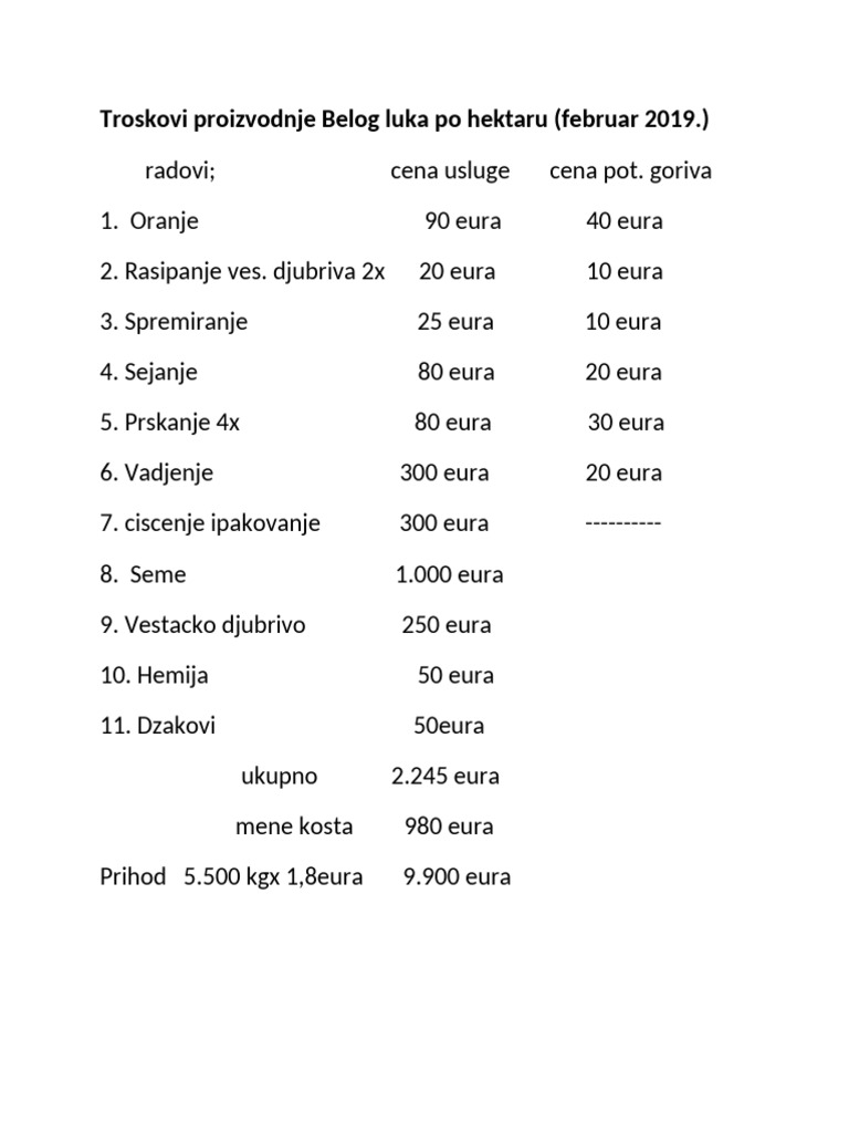 Troskovi Proizvodnje Belog Luka Po Hektaru | PDF