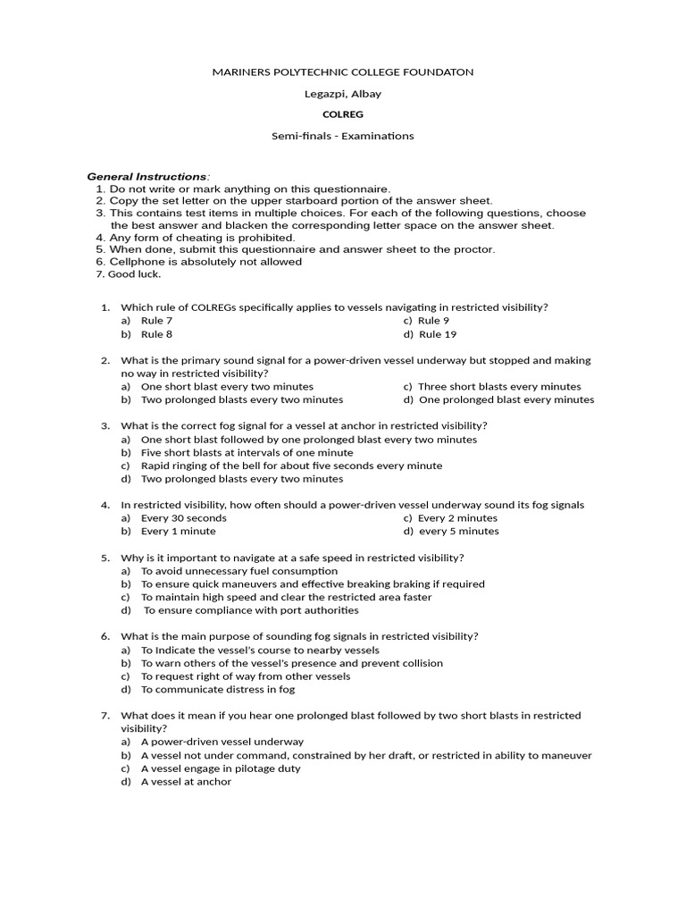 COLREG Semi-Finals Exam Instructions | PDF | Port And Starboard