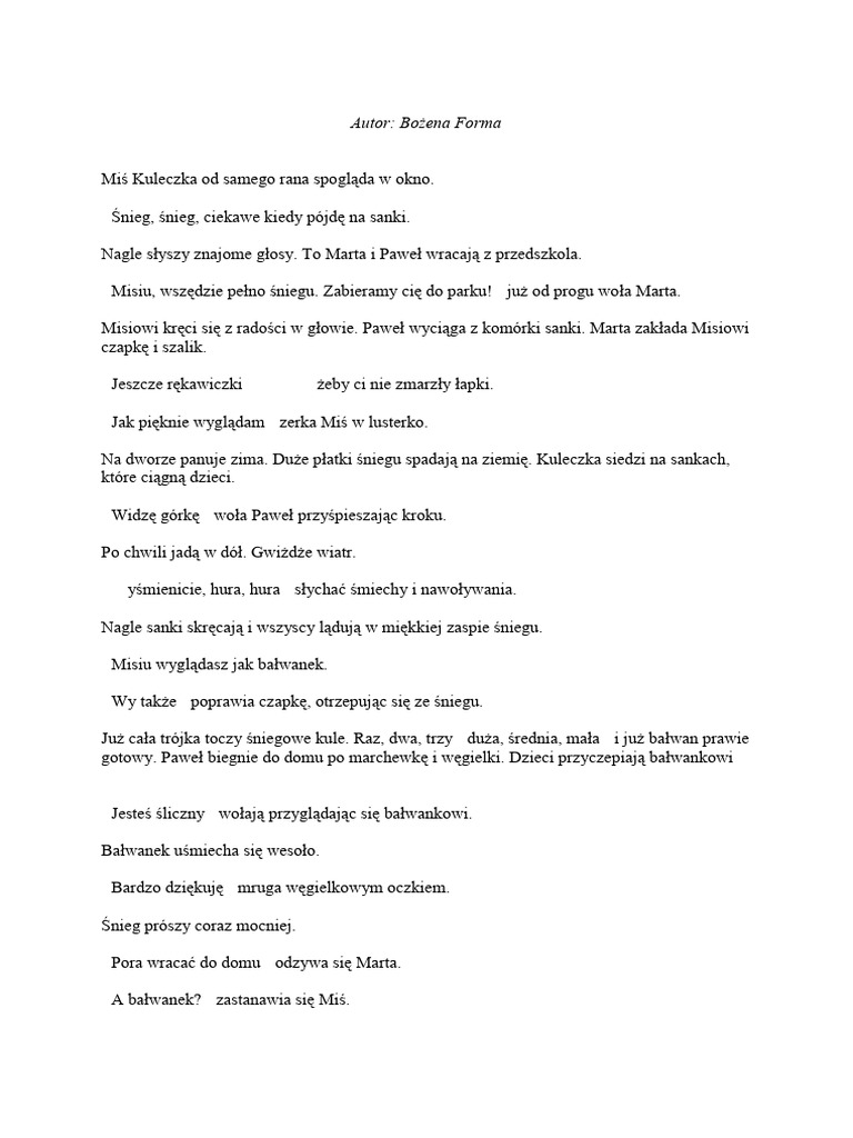 Zimowe Zabawy Misia Kuleczki-Opowiadanie | PDF