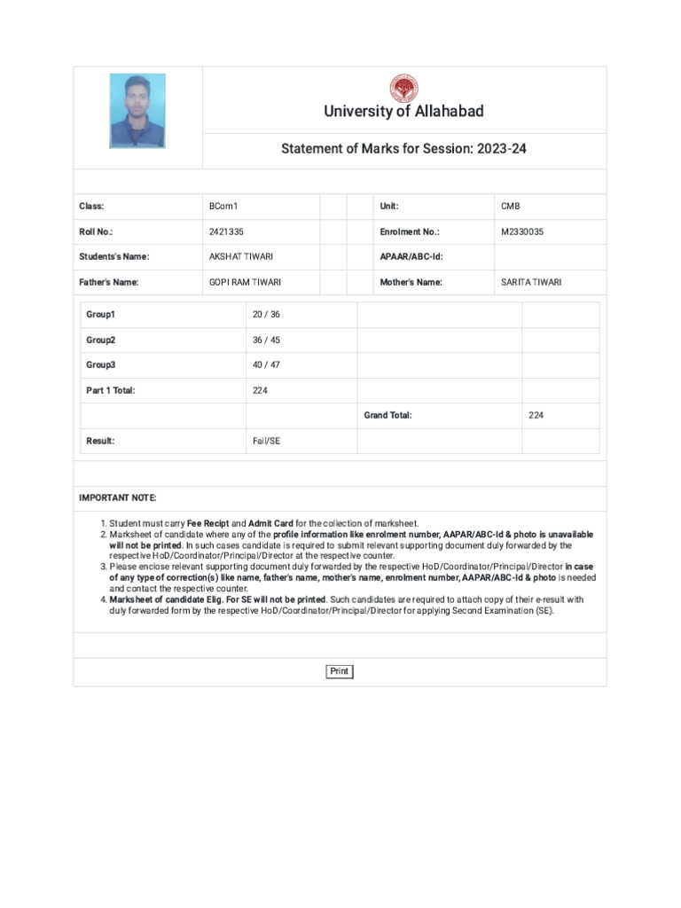 Statement of Marks - University of Allahabad | PDF