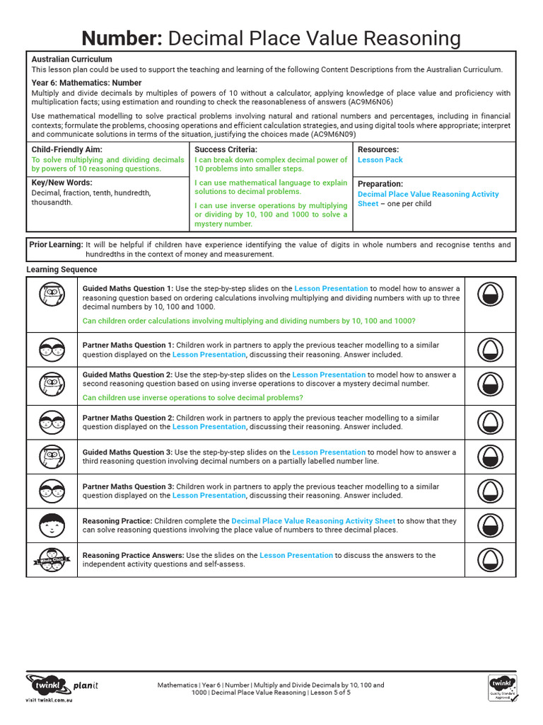 Lesson Plan Decimal Place Value Reasoning | PDF | Numbers | Multiplication