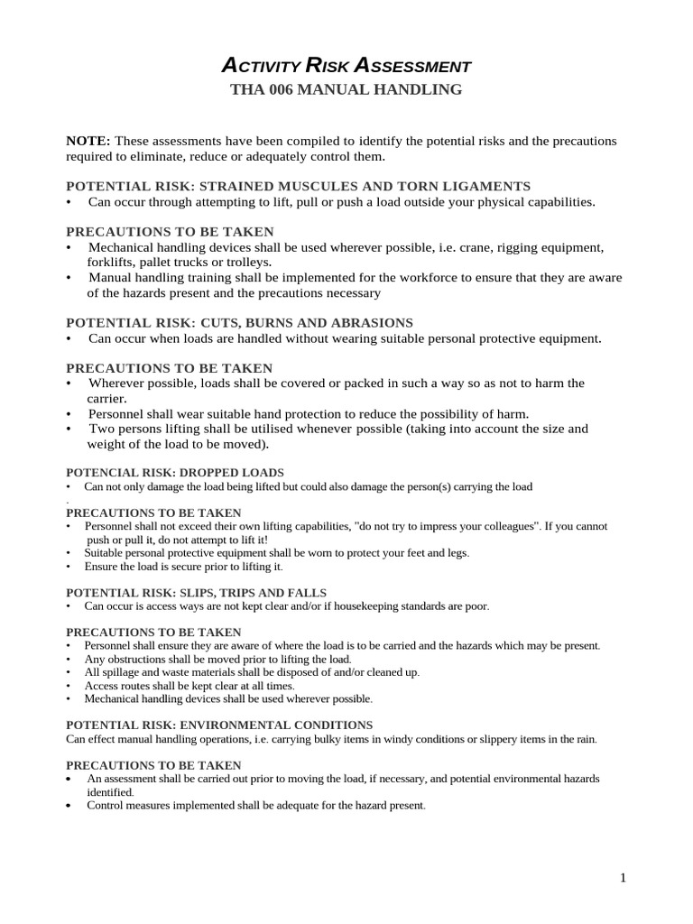 Manual Handling Risk Assessment Guide | PDF | Occupational Safety And ...