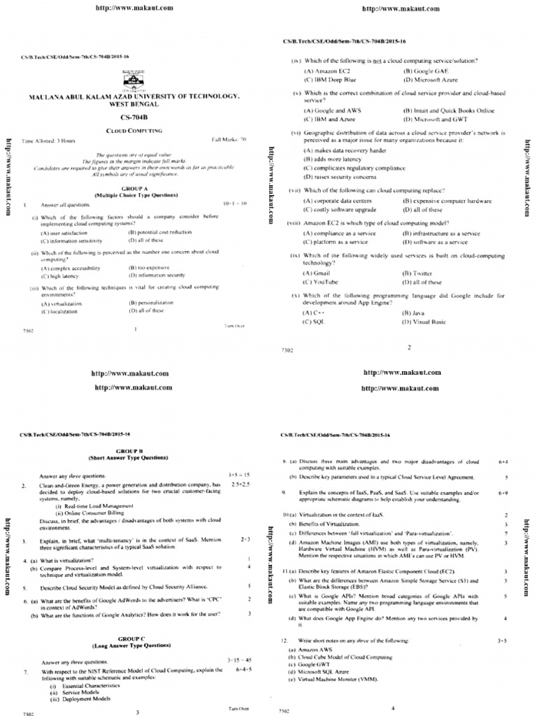 Btech Cse 7 Sem Cloud Computing 2016 | PDF