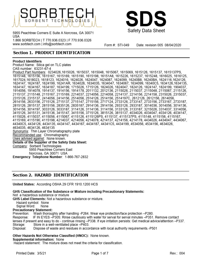 SDS Silica Coated TLC Plates | PDF | Dangerous Goods | Firefighting