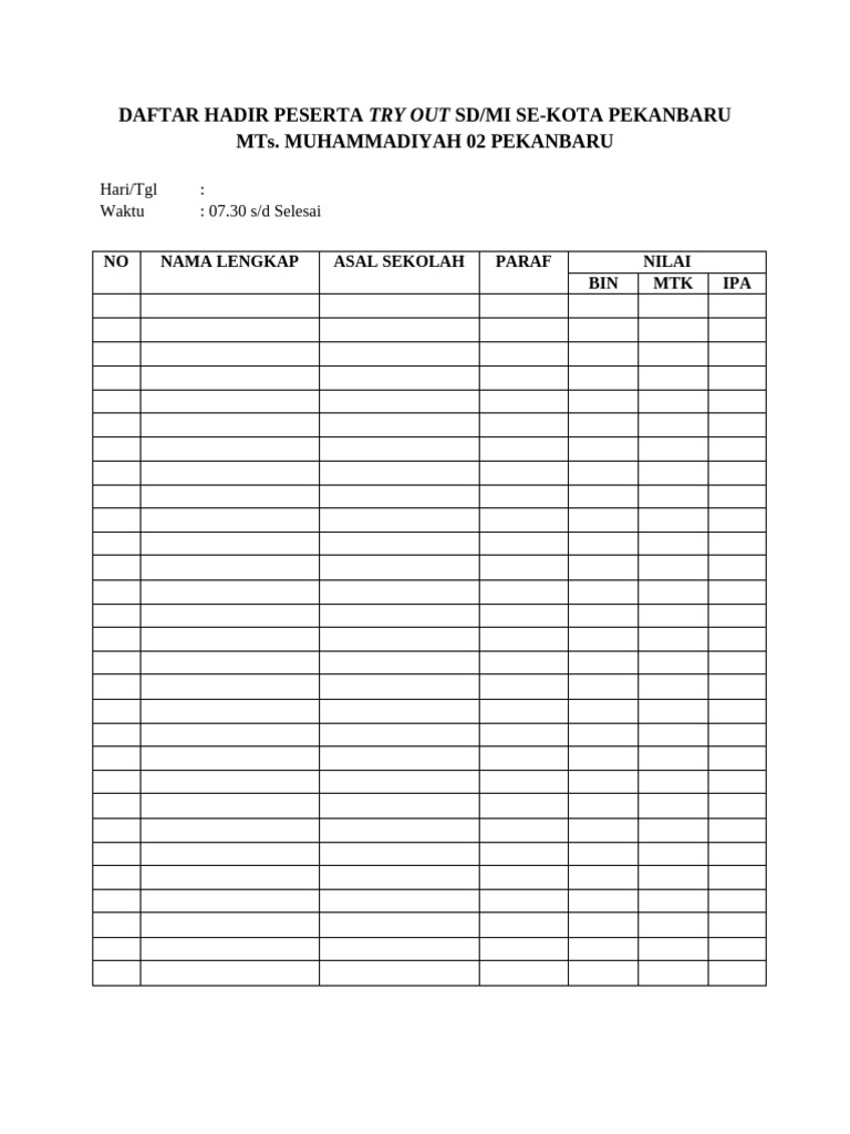 Daftar Hadir Peserta Try Out | PDF