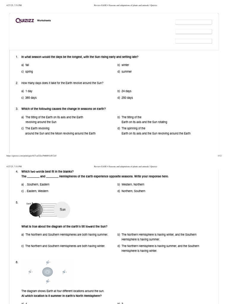 Seasons and Adaptations of Plants and Animals - Quizizz | PDF | Earth ...