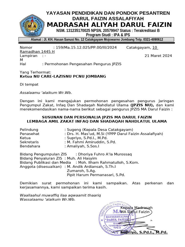 Format Surat Permohonan Pengesahan Pengurus JPZIS NU CARE-LAZISNU PCNU JOMBANG | PDF