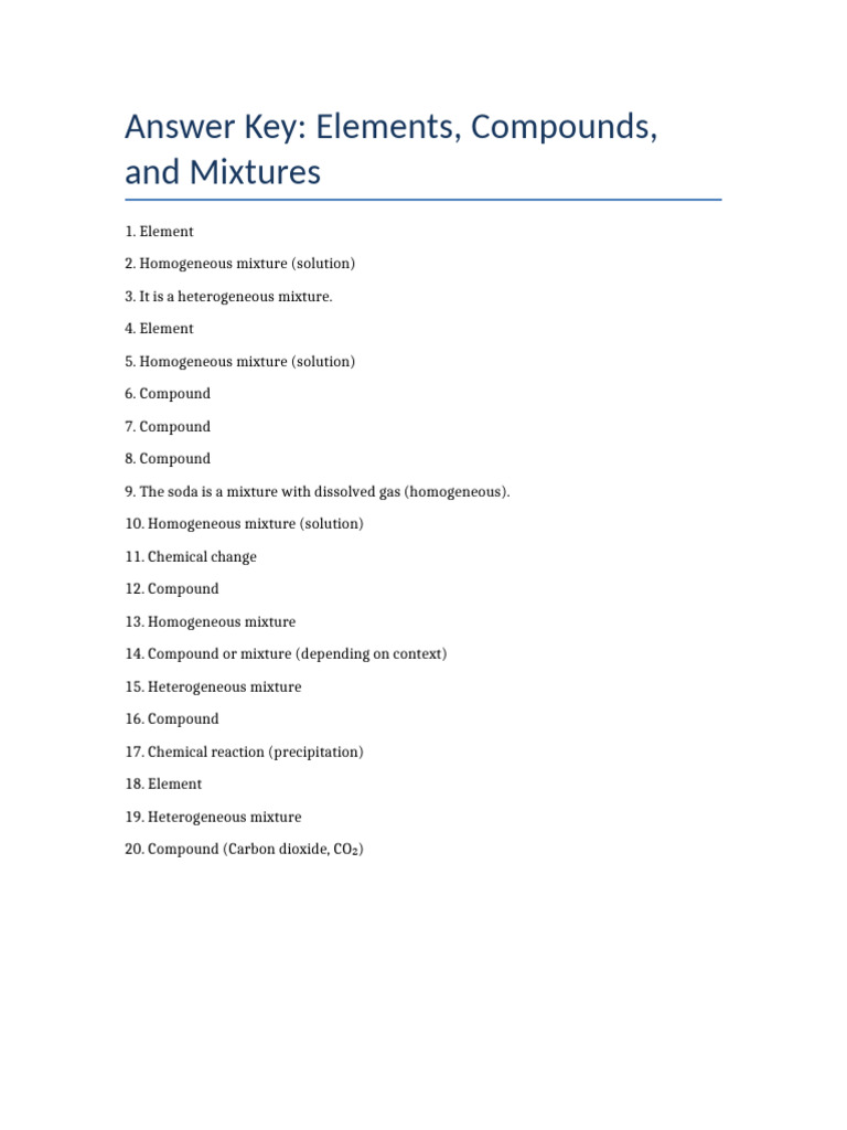 Answer Key Element Compound Mixture | PDF