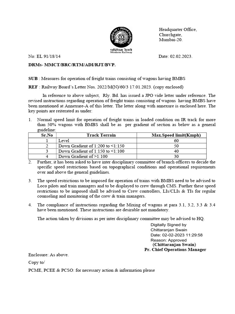 (PCOM 020223) - Measures For Operation of Freight Trains Consisting of Wagons Having BMBS | PDF