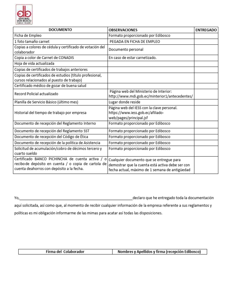 Anexo 6 Listado de requisitos para ingreso PERSONAL DE TEMPORADA24 | PDF