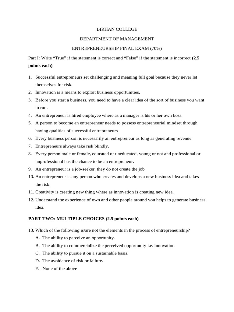 2016 - E.ship Final Exam BIRHAN COLLEGE | PDF | Entrepreneurship | Creativity