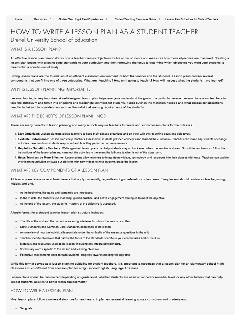 Lesson Plan Guidelines For Student Teachers - Drexel University | PDF ...