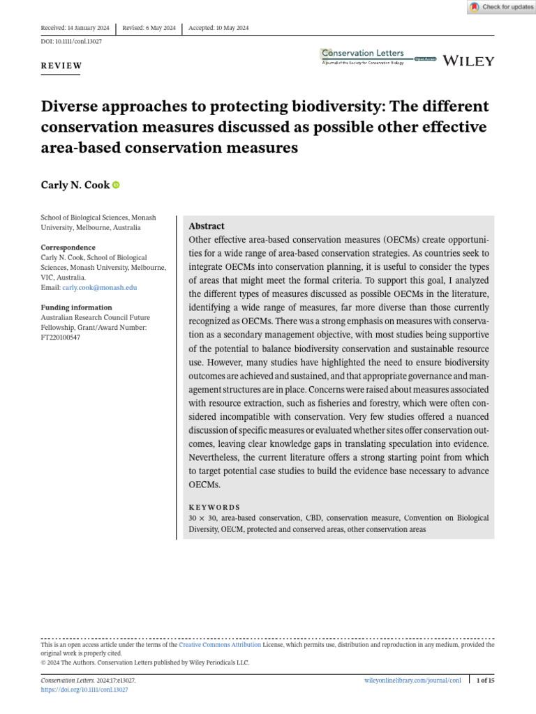 Conservation Letters - 2024 - Cook - Diverse Approaches To Protecting ...