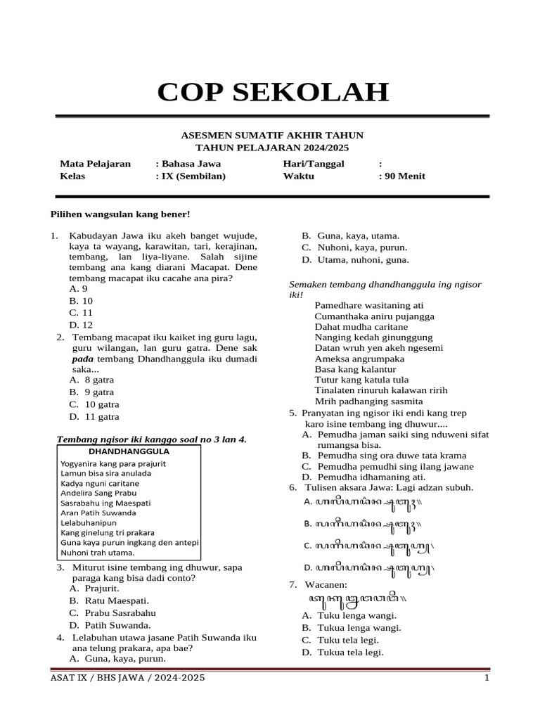 Soal Asas Bhs Jawa 9 | PDF