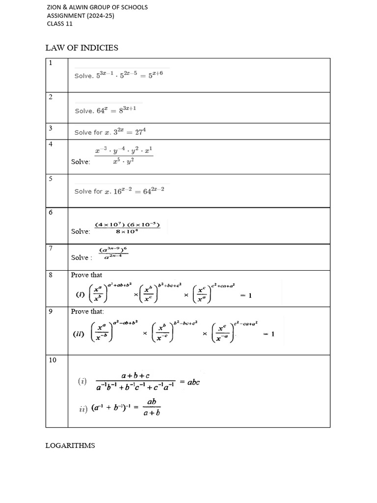 ASSIGNMENT CLASS 11(2024-25).docx-1-5 | PDF | Logarithm | Combinatorics