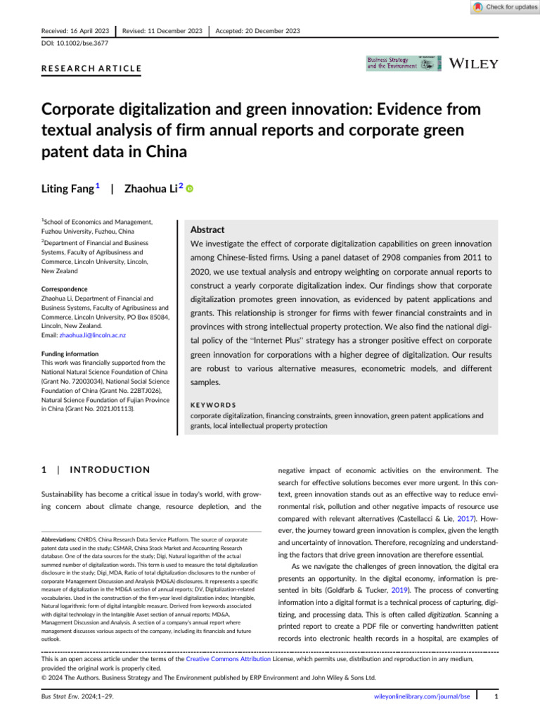 Bus Strat Env - 2024 - Fang - Corporate Digitalization and Green Innovation Evidence From ...