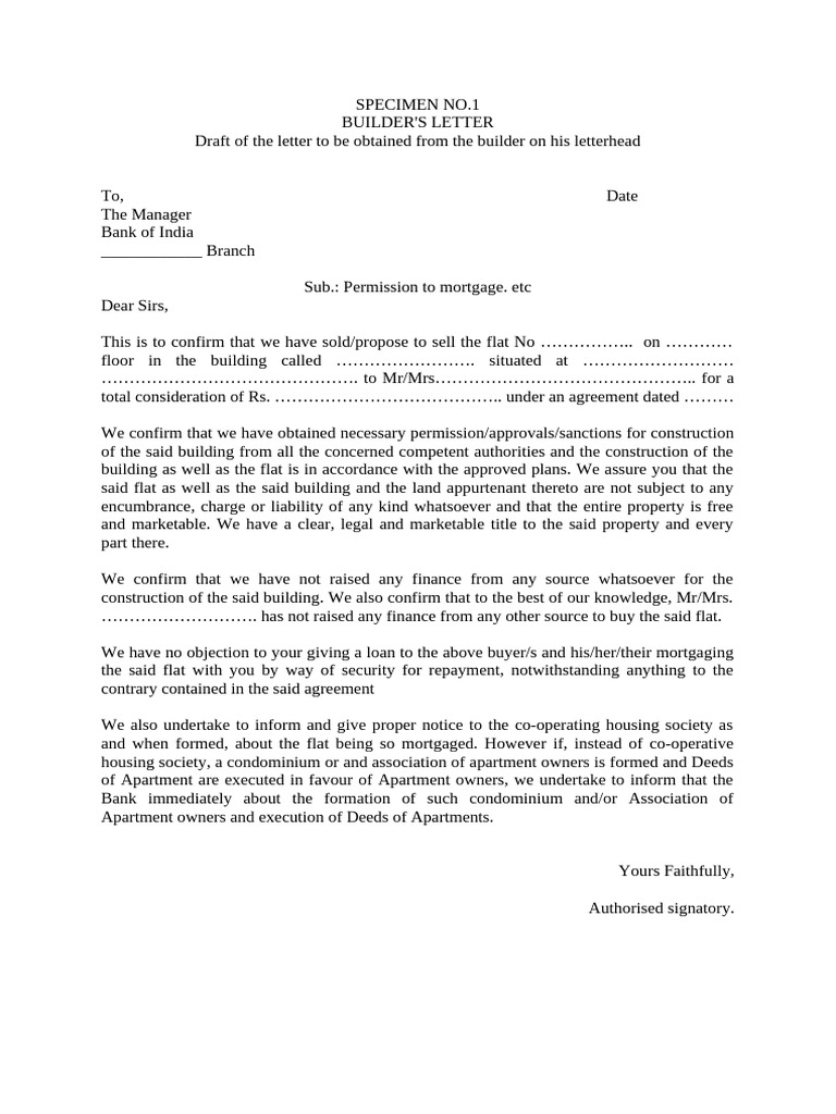 Bank of India Builder NOC Format | PDF