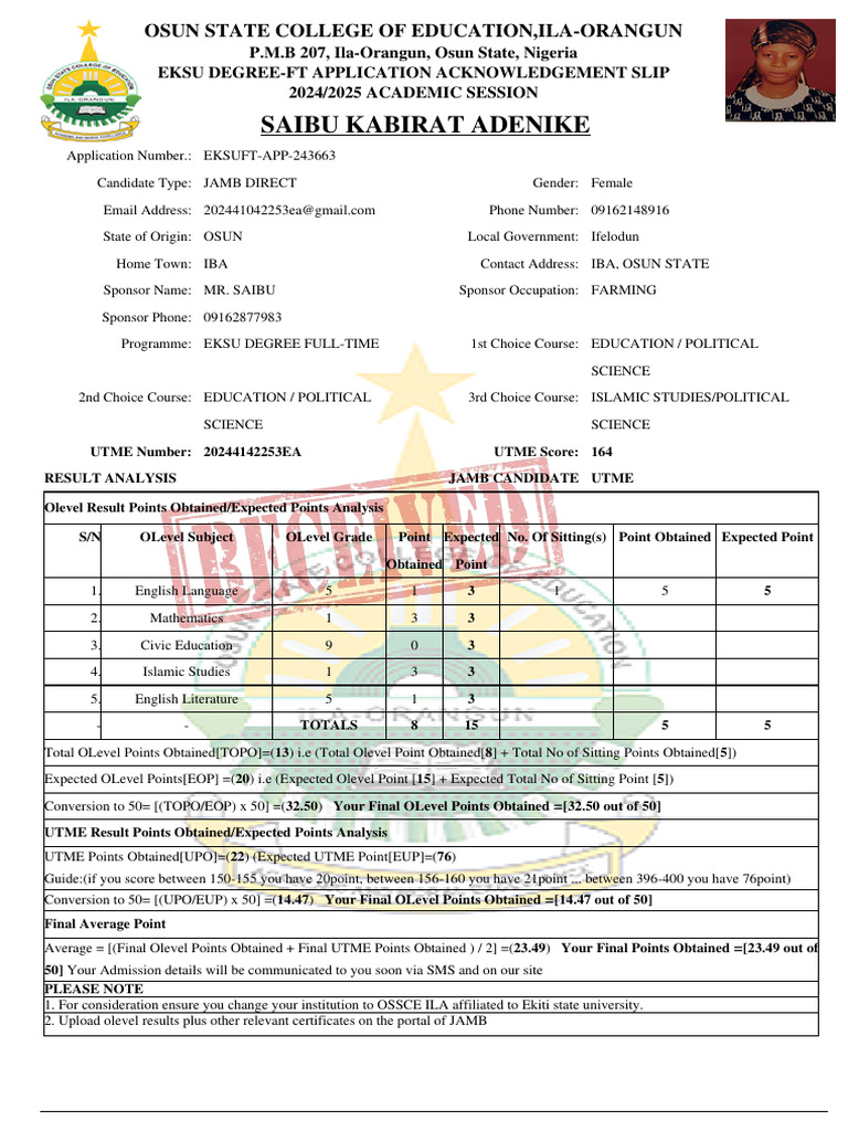 SAIBU KABIRAT ADENIKE - Admission - Acknowledgement - Slip | PDF