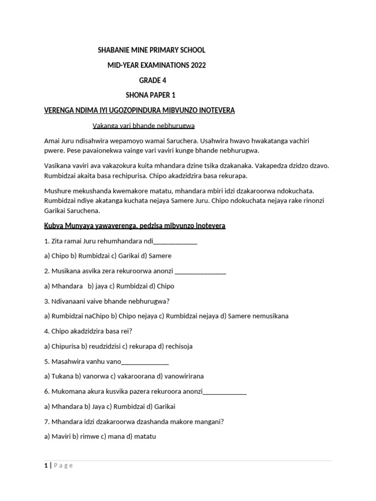 Grade 4 Shona Mid-Year Exam 2022 | PDF