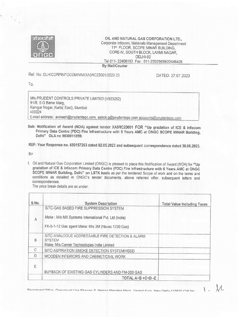 Sub - Notification of Award (NOA) Against Tender XA5RC23001 For - 001 | PDF