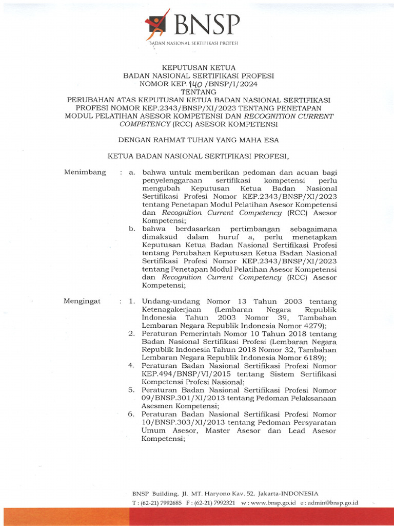 Perubahan SK No KEP.2343-BNSP-XI-2023 Tentang Modul Pelatihan ASKOM Dan RCC - 2 | PDF