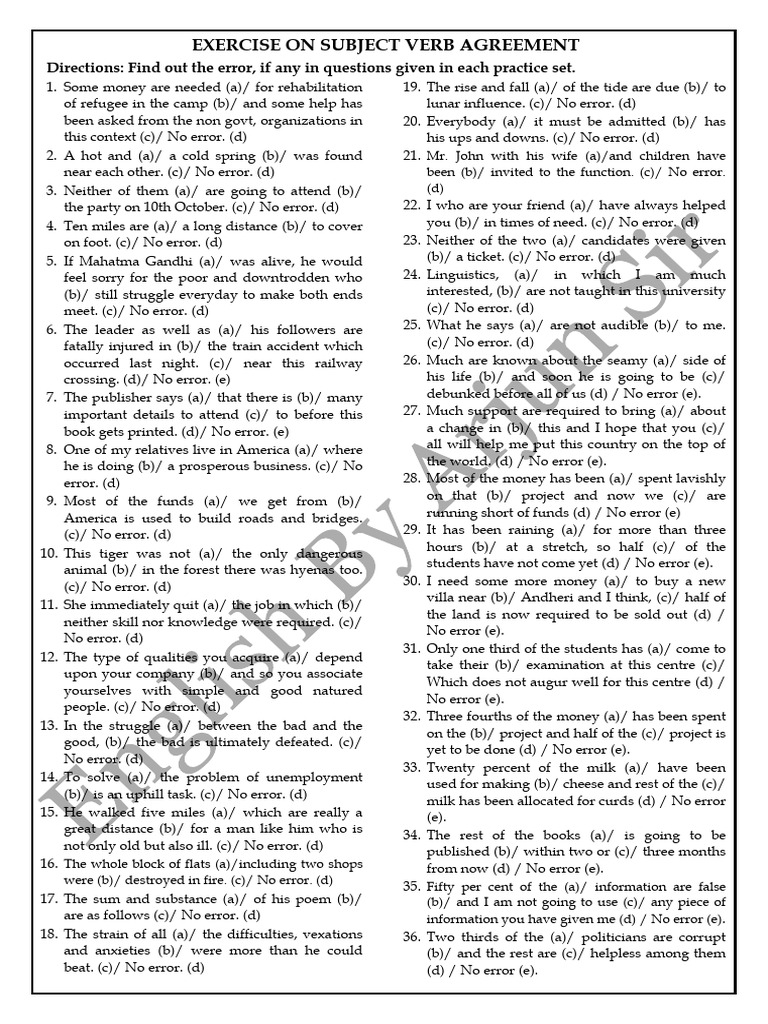 Excercises On Subject Verb Agreement | PDF