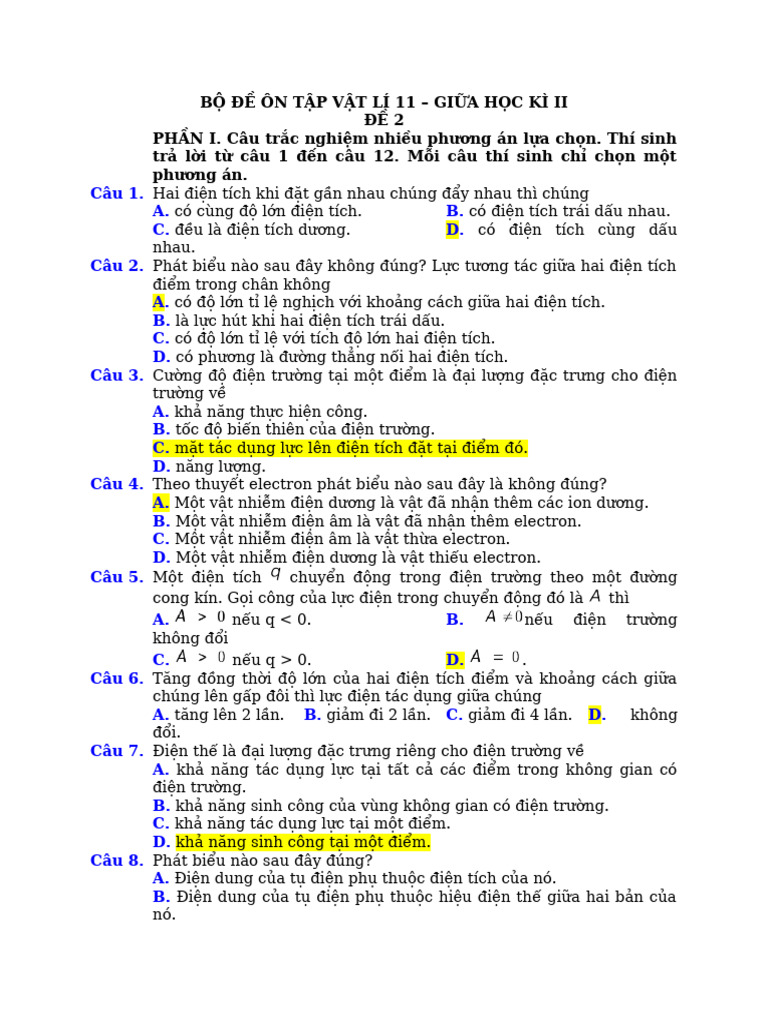 BỘ ĐỀ ÔN TẬP VẬT LÍ 11-GK2- đề 1 | PDF