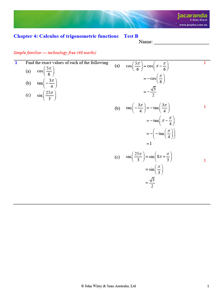 Chapter 4- Calculus of trigonometric finctions Test B Sol | PDF ...