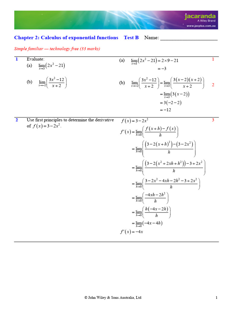 Chapter 2-Calculus of exponential functions Test B Sol | PDF ...
