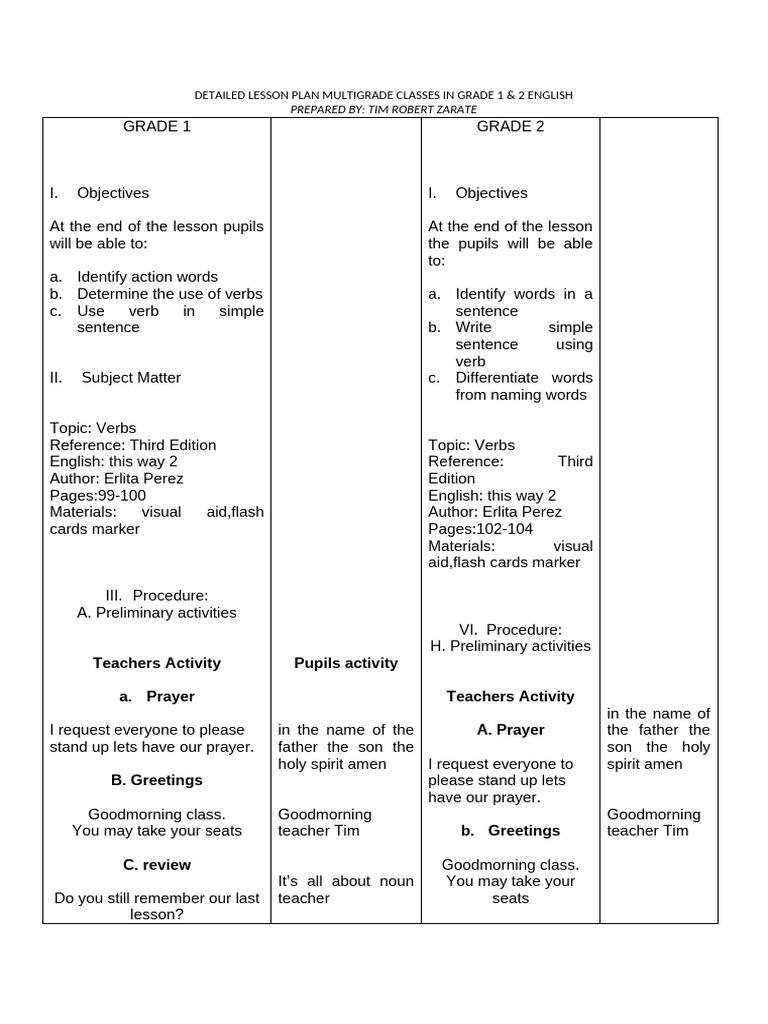 Detailed Lesson Plan Multigrade Classes in Grade 1 | PDF | Verb | Noun